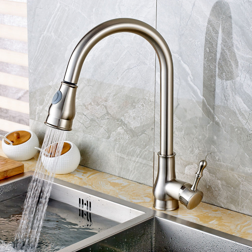 Brushed Nickel Kitchen Sink Faucet with Pullout Sprayer – JunoShowers