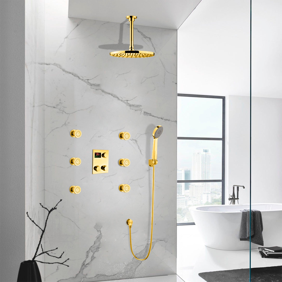 Juno Gold Finish Luxury Digital Display Shower System Ceiling Mount ...