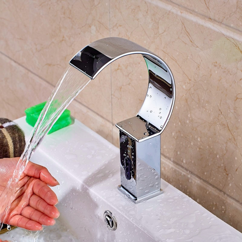 Juno Chrome Widespread Waterfall Automatic Sensor Bathroom Faucet ...