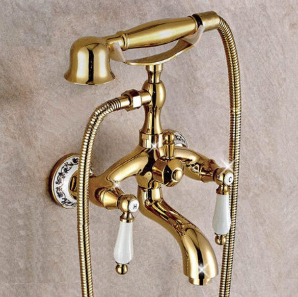 Claw Foot Dual Handle Gold Finish Bathtub Mixer Faucet with Hand Shower ...