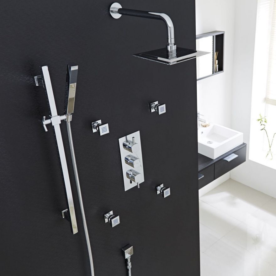La Plata 8" Square Rainfall Head Three Outlet Thermostatic Shower ...