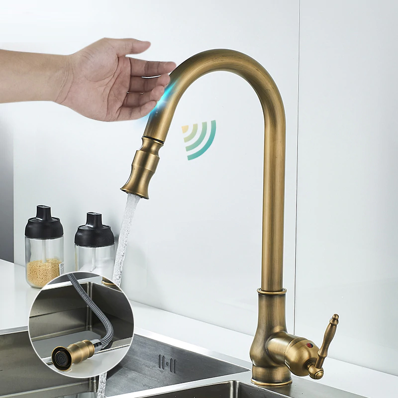 Juno Antique Brass Touch Control Kitchen Faucets Pull Out Kitchen Mixer ...