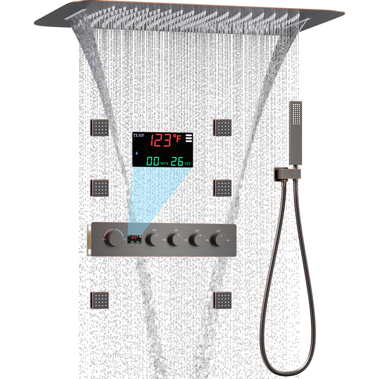 Juno Digital Display Thermostatic Shower System, Rainfall Shower Faucet ...
